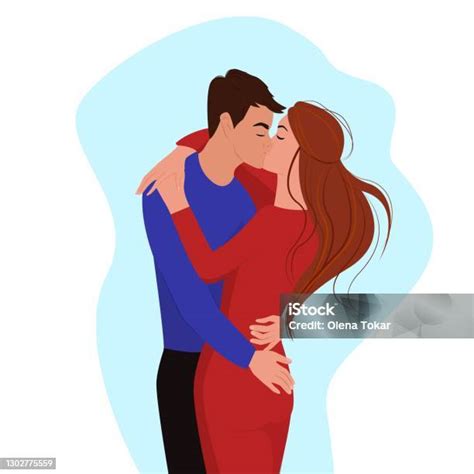 두 연인 포옹과 키스 남자는 허리에 의해 여자를 껴안고 키스 사랑에 커플 발렌타인 데이 플랫 스타일로 벡터 일러스트 키스에 대한 스톡 벡터 아트 및 기타 이미지 Istock