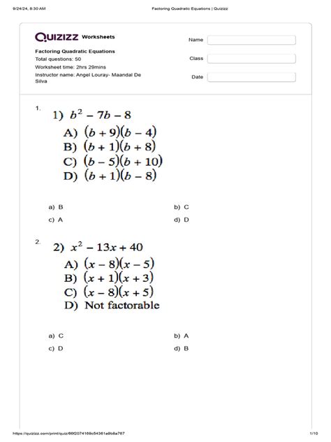 Factoring Quadratic Equations Quizizz Pdf Quadratic Equation Factorization