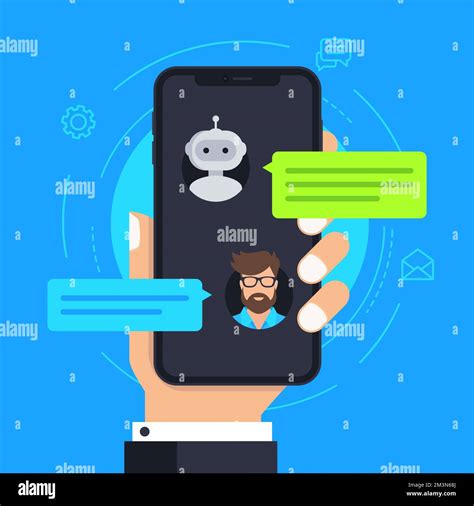 Chatbot Concept Bot Chatting With Man On Phone Online Conversation With Texting Message Hand