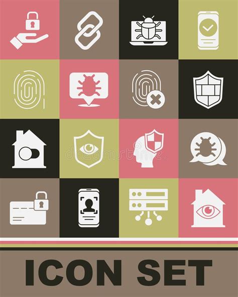 Set House With Eye Scan System Bug Shield Brick Wall On Monitor Fingerprint Lock Hand And