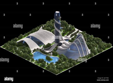 Landscaped Futuristic Architecture 3d Illustration For A Tiled Game Rendered In Dimetric
