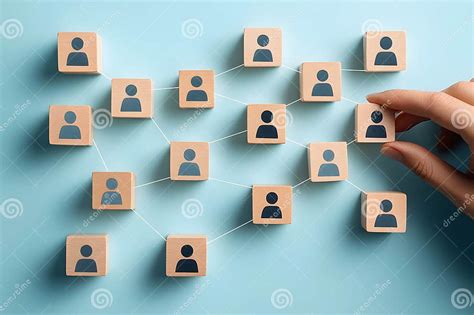 Concept Of Social Network And Team Structure With Wooden Blocks Connected Lines Blue Background