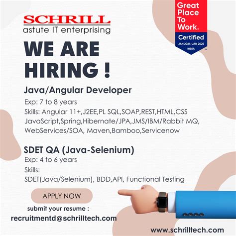 angular j2ee pl sql soap rest html css javascript spring… schrill technologies inc