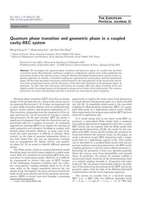 Pdf Quantum Phase Transition And Geometric Phase In A Coupled Cavity