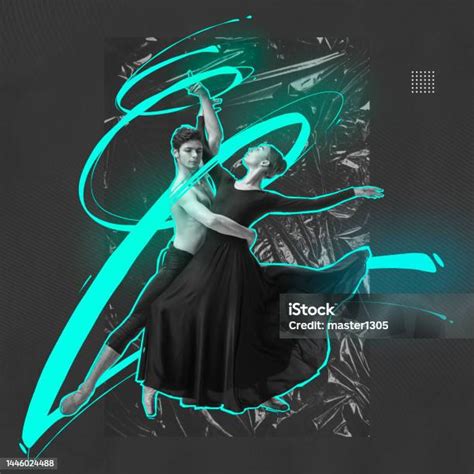 표현 감정 열정과 사랑 움직이는 댄서들의 감정적 인 커플이있는 작품 산성 컬러 라인이있는 구겨진 플라스틱 셀로판 효과가있는 회색