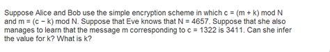 Solved Suppose Alice And Bob Use The Simple Encryption Sc Chegg Com