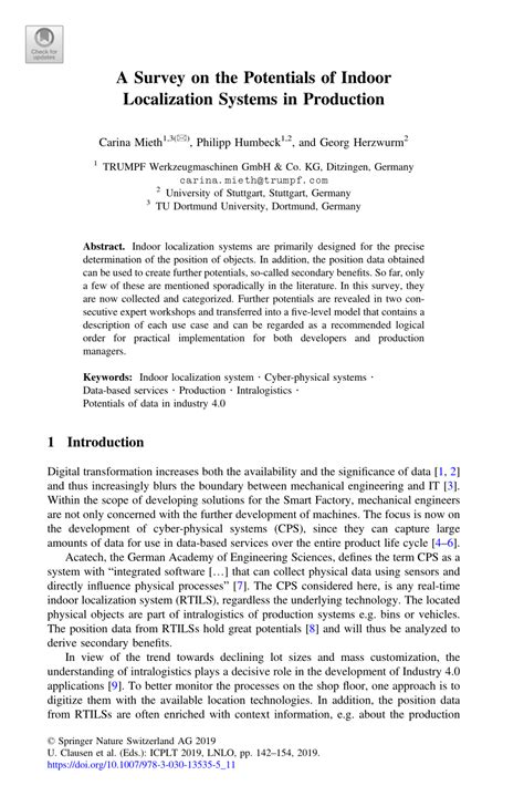 PDF A Survey On The Potentials Of Indoor Localization Systems In Production