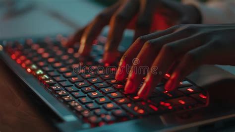 Hands Of A Hacker On The Keyboard Of A Laptop In The Dark Stock