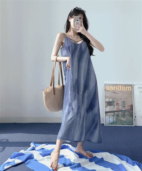 컨셉블링 그라데이션 롱 원피스 나염 휴양지 바캉스 끈 민소매 나시 블루 원피스