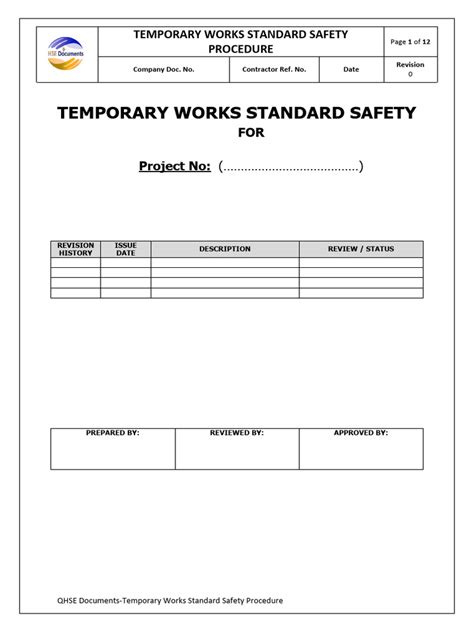 Qhse Documents Temporary Works Standard Safety Procedure Pdf Temporary Work Risk