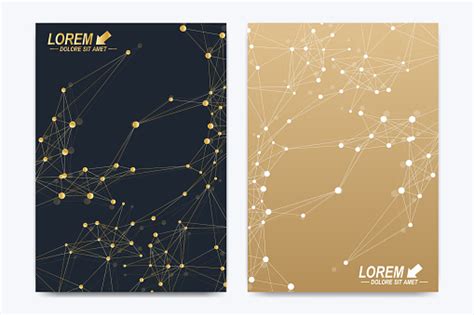 벡터 템플릿 안내 책자 전단지 전단지 광고 표지 카탈로그 잡지 또는 연례 보고서 기하학적 배경 분자 그리고 커뮤니케이션입니다 골든 자동 제어 점입니다 라인 총입니다 카드