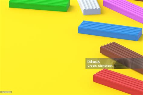 노란색 배경에 흩어져 있는 플라스틱 벽돌 모델링 점토 아이들을위한 장난감 유치원 교육 복사 공간 3d 렌더링 0명에 대한 스톡 사진 및 기타 이미지 Istock