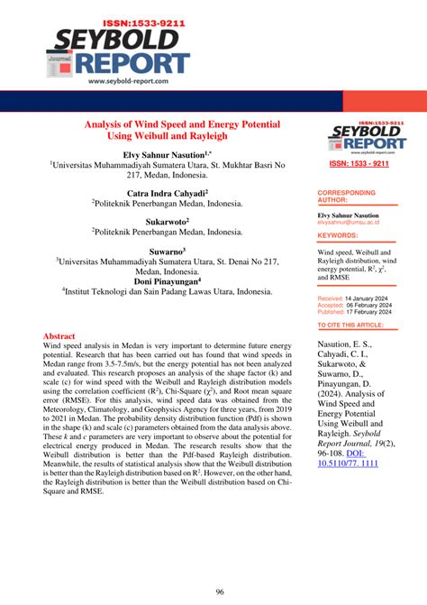 Pdf Analysis Of Wind Speed And Energy Potential Using Weibull And Rayleigh