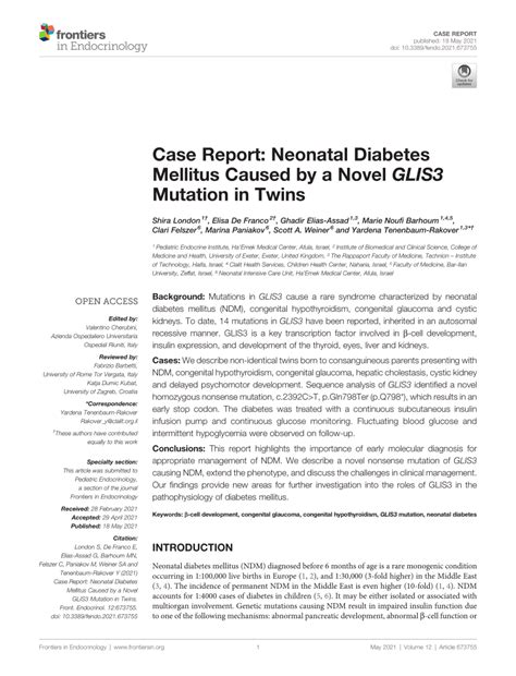 Pdf Case Report Neonatal Diabetes Mellitus Caused By A Novel Glis3 Mutation In Twins