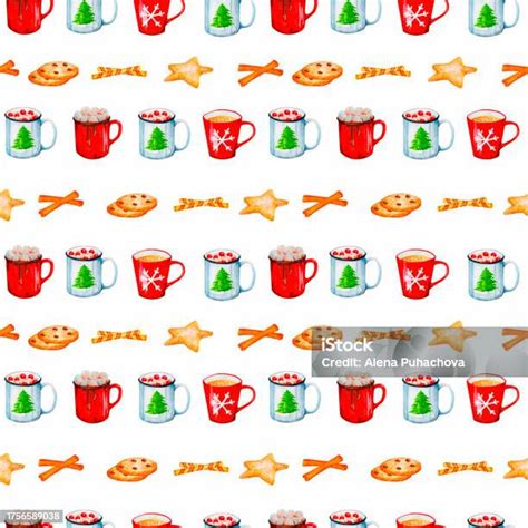뜨거운 음료 쿠키 및 기타 과자가 담긴 머그잔 매끄러운 수채화 패턴입니다 포장지 포장 스크랩북 문구류 섬유 직물 벽지 등을 위한 디자인 마시멜로에 대한 스톡 벡터 아트 및