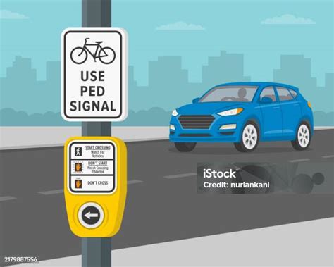 안전한 자동차 운전 및 교통 규제 신호등의 클로즈업 보기 스위치 버튼 자전거 이용자를 위한 표지판 교차로에 접근하는 파란색