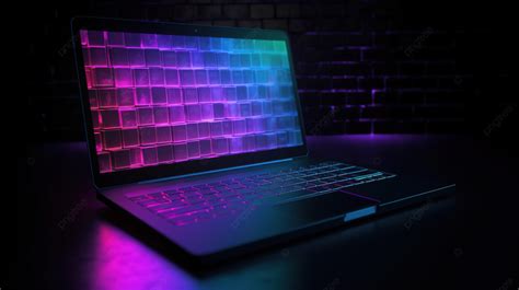 화려한 조명이 있는 노트북 3d 렌더링 그림 암실과 보라색 조명에 있는 검은색 실린더에 빈 화면과 화려한 키보드 위치가 있는 노트북 컴퓨터 발표용 이미지 배경 일러스트