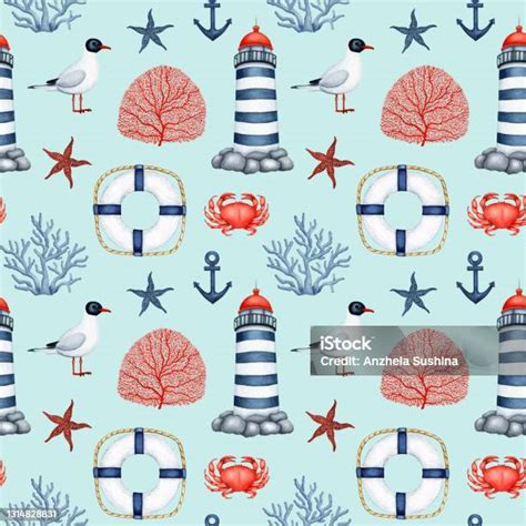 수채화 해상 원활한 패턴 바다 생물 선박 항해 장비 손으로 그린 등대 갈매기 게 구명 부표 앵커 산호 불가사리 디자인용 해양 배경 0명에 대한 스톡 벡터 아트 및 기타