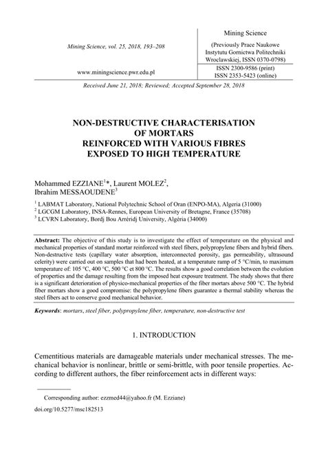 Pdf Non Destructive Characterisation Of Mortars Reinforced With Various Fibres Exposed To High