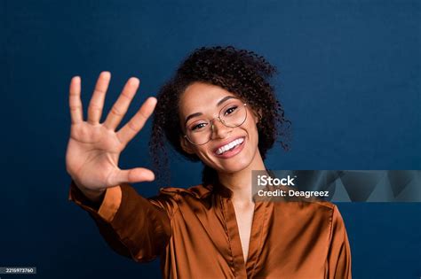Photo Of Friendly Excited Lady Wear Silk Brown Shirt Spectacles Waving