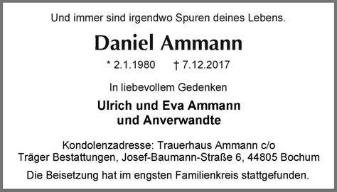 Traueranzeigen Von Daniel Ammann Trauer In Nrw De
