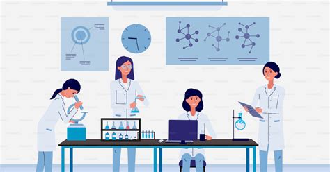 과학자 연구원들은 실험실에서 일하는 여성 만화 캐릭터 평면 벡터 일러스트레이션 생물학 또는 화학 실험을 수행하는 전문 과학자 여성 벡터 Unsplash의 실험실