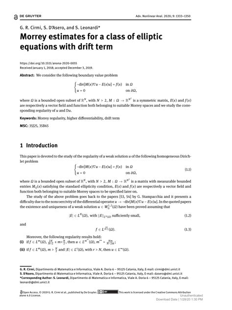 Pdf Morrey Estimates For A Class Of Elliptic Equations With Drift Term