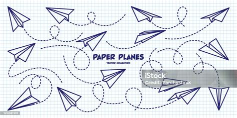 바둑판 무늬 종이 시트에 손으로 그린 비행기 그림을 그리기 위한 학교 공책 낙서 비행기 점선 노선 항공기 아이콘 단순한 단색