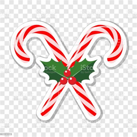 홀리 베리와 잎을 가진 십자가 사탕 지팡이의 크리스마스 스티커 캔디 케인에 대한 스톡 벡터 아트 및 기타 이미지 캔디 케인 크리스마스 스티커 Istock