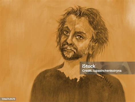 노란 세피아 색상의 추상적 배경에 긴 어두운 머리와 수염을 가진 남자의 세피아 초상화에 일러스트 유화 30 39세에 대한 스톡