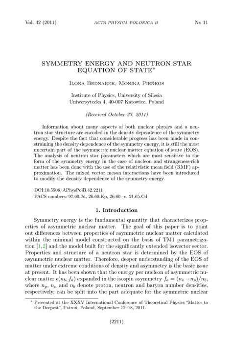 Pdf Symmetry Energy And Neutron Star Equation Of State