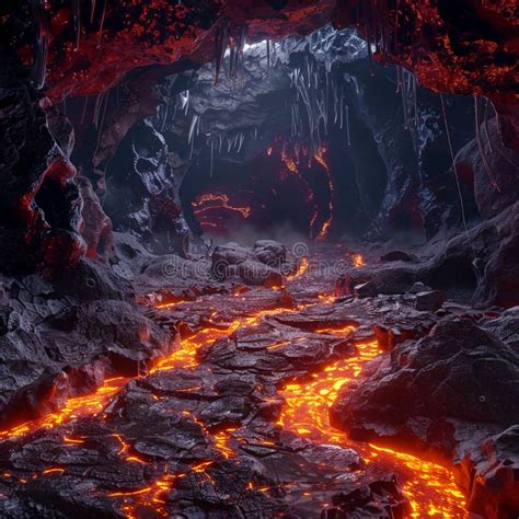 Ai Generated Illustration Of A Volcanic Cave With Flowing Lava And
