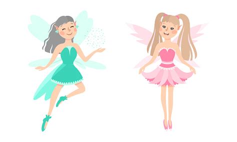 날개 벡터 일러스트와 파란색과 분홍색 드레스에 행복한 어린 소녀 엘프의 세트 개체 그룹에 대한 스톡 벡터 아트 및 기타 이미지 개체 그룹 귀여운 꼬마 요정 Istock