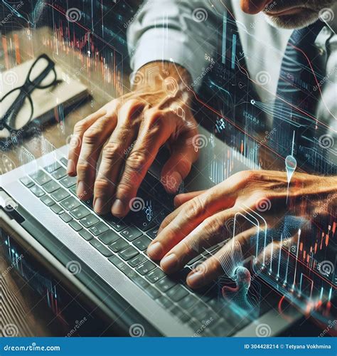 Close Up Of Hands Typing On A Keyboard With Futuristic Holographic Data