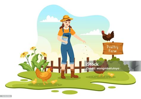 농부 케이지 닭 계란 농장이 있는 가금류 농장은 녹색 들판 배경 보기로 손으로 그린 귀여운 만화 템플릿 그림 가금류에 대한 스톡 벡터 아트 및 기타 이미지 Istock