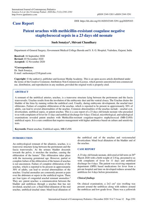 Pdf Patent Urachus With Methicillin Resistant Coagulase Negative Staphylococcal Sepsis In A 23