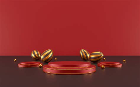 행복한 부활절 날 개념 기하학적 형태의 최소 장면입니다 실린더 포디움 디스플레이와 부활절 달걀 골드 볼 또는 빨간색 배경의 제품에 대한 모형 텍스트 공간을 사용할 수