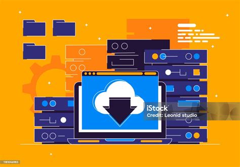 Ilustrasi Vektor Pusat Data Dengan Database Server Untuk Menyimpan Informasi Laptop Dengan File