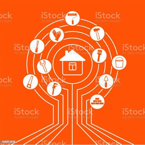 전문 오렌지에서 하우스 리 모델링입니다 집 리 모델링 개념 성장 나무 생각입니다 리 모델링 도구 세트 평면 디자인입니다 벡터 대화형 그림 Eps10입니다 개념에 대한 스톡