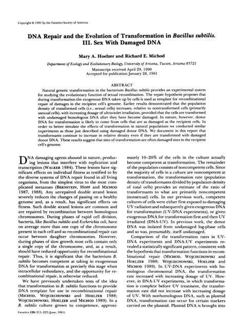 Pdf Dna Repair And The Evolution Of Transformation In Bacillus