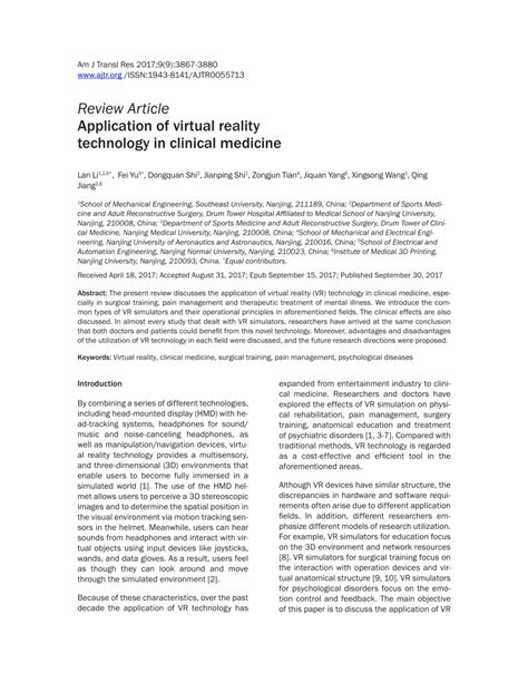 Pdf Application Of Virtual Reality Technology In Clinical Medicine