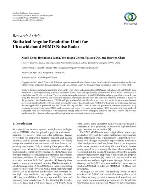 Pdf Statistical Angular Resolution Limit For Ultrawideband Mimo Noise Radar