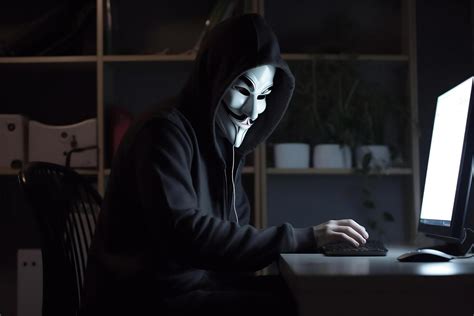 Anonymous Hacker With Hood And Mask Sitting Next To Computer Generative