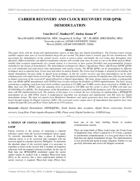 Pdf Carrier Recovery And Clock Recovery For Qpsk Demodulation