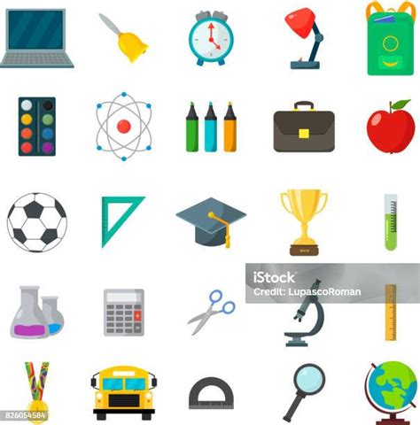 학교 아이콘의 집합입니다 만화 고 평면 스타일입니다 흰색 배경입니다 벡터 일러스트입니다 가위에 대한 스톡 벡터 아트 및 기타 이미지 Istock