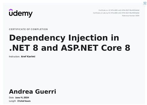 Andrea Guerri On Linkedin Certificate Of Completion Dependency Injection In Net 8 And Asp Net