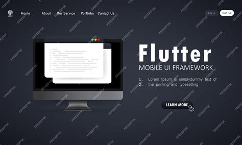 컴퓨터 화면에서 Flutter Mobile Ui Framework를 코딩하고 언어 코드 일러스트레이션을 프로그래밍하는 방법을