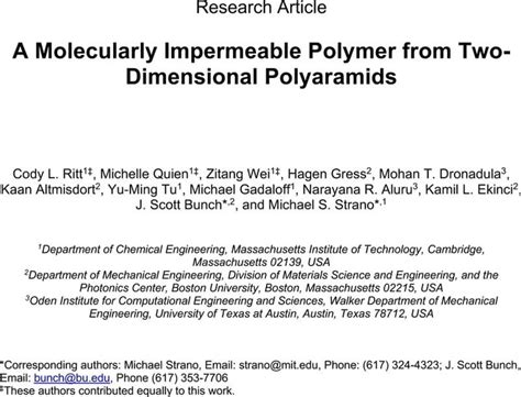 A Molecularly Impermeable Polymer From Two Dimensional Polyaramids Chemical Engineering And