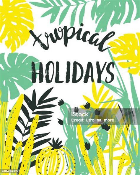 벡터 일러스트 레이 션 열 대 야생 식물 및 세련 된 레터링열 대의 휴일 손으로 그린된 트로픽 포스터입니다 0명에 대한 스톡 벡터 아트 및 기타 이미지 Istock