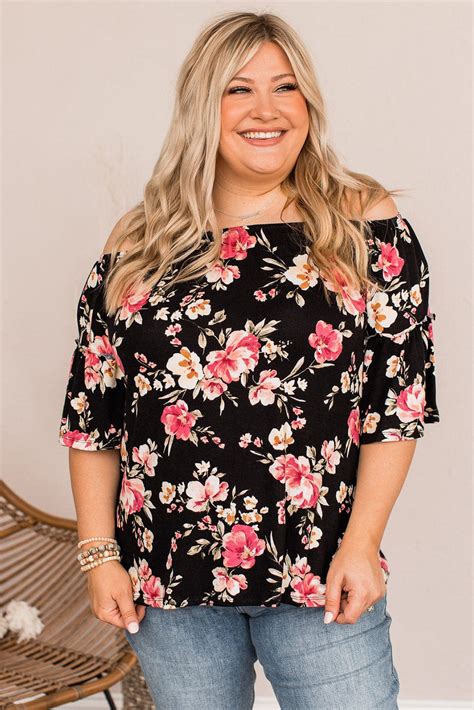 Us 564 Drop Shipping Black Floral Print Off Shoulder Plus Size Blouse